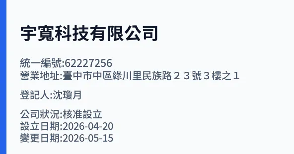 宇寬科技有限公司的照片-統編 62227256(臺中市) 公司登記資料與營業項目詳細圖表