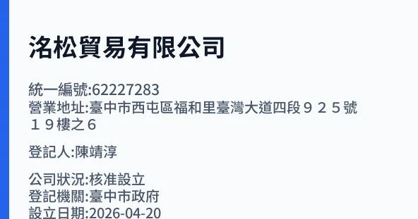洺松貿易有限公司的照片-統編 62227283(臺中市) 公司登記資料與營業項目詳細圖表
