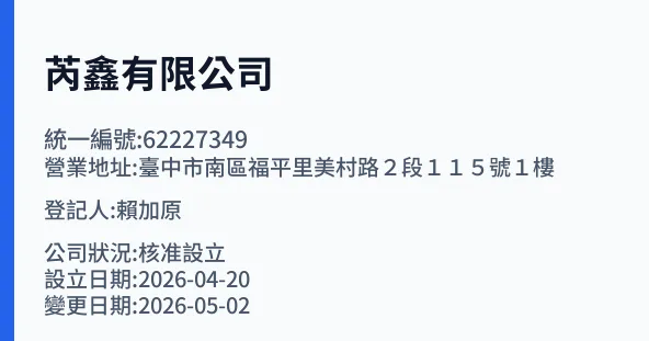 芮鑫有限公司的照片-統編 62227349(臺中市) 公司登記資料與營業項目詳細圖表