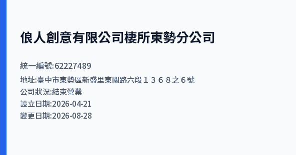 俍人創意有限公司棲所東勢分公司的照片-統編 62227489 公司登記資料與營業項目詳細圖表