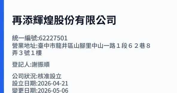 再添輝煌股份有限公司的照片-統編 62227501(臺中市) 公司登記資料與營業項目詳細圖表