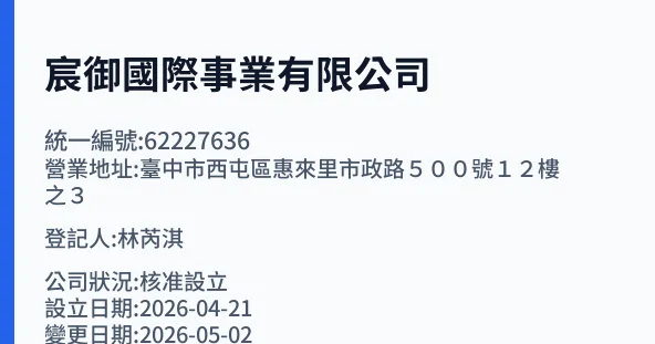 宸御國際事業有限公司的照片-統編 62227636(臺中市) 公司登記資料與營業項目詳細圖表