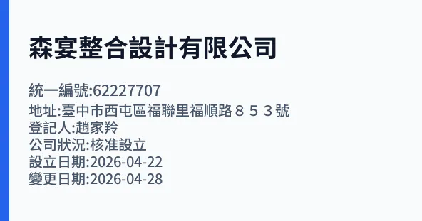森宴整合設計有限公司的照片-統編 62227707(臺中市) 公司登記資料與營業項目詳細圖表