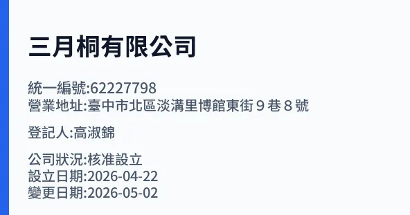 三月桐有限公司的照片-統編 62227798(臺中市) 公司登記資料與營業項目詳細圖表