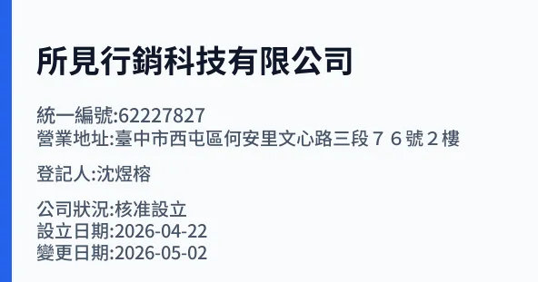 所見行銷科技有限公司的照片-統編 62227827(臺中市) 公司登記資料與營業項目詳細圖表