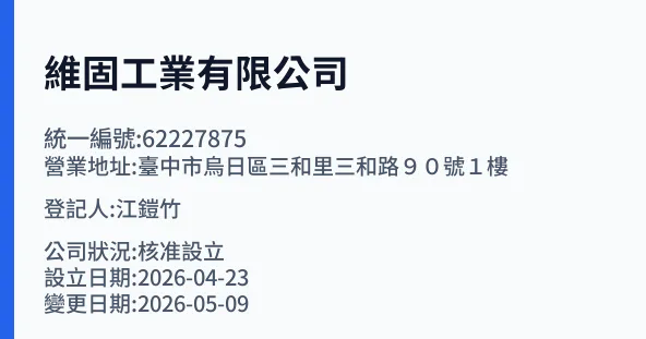 維固工業有限公司的照片-統編 62227875(臺中市) 公司登記資料與營業項目詳細圖表