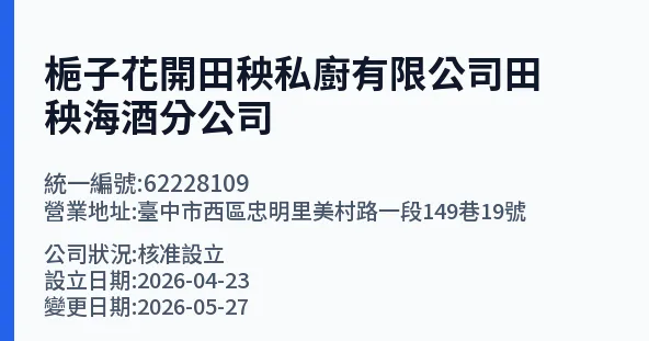 梔子花開田秧私廚有限公司田秧海酒分公司的照片-統編 62228109 公司登記資料與營業項目詳細圖表