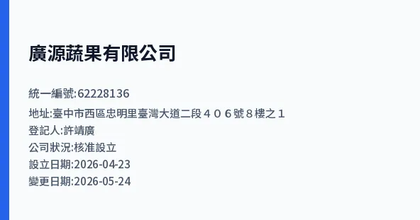 廣源蔬果有限公司的照片-統編 62228136(臺中市) 公司登記資料與營業項目詳細圖表