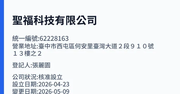 聖福科技有限公司的照片-統編 62228163(臺中市) 公司登記資料與營業項目詳細圖表