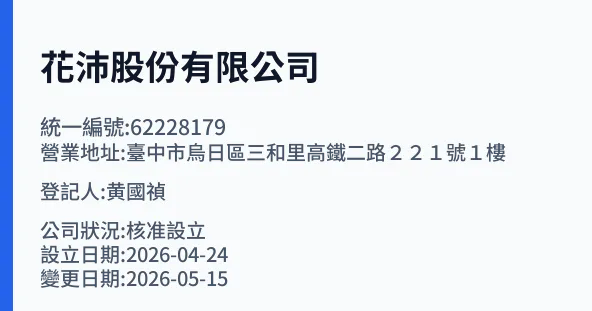花沛股份有限公司的照片-統編 62228179(臺中市) 公司登記資料與營業項目詳細圖表