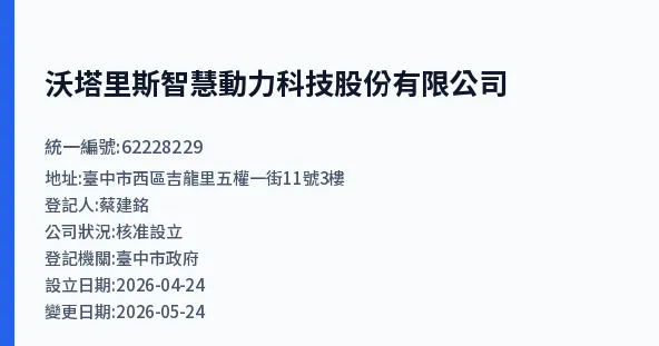 沃塔里斯智慧動力科技股份有限公司的照片-統編 62228229(臺中市) 公司登記資料與營業項目詳細圖表