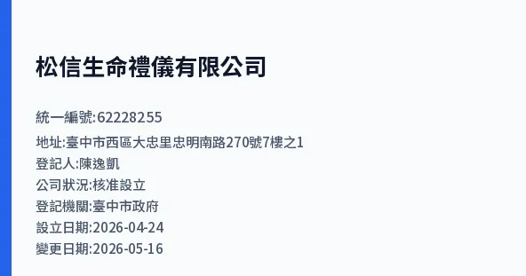 松信生命禮儀有限公司的照片-統編 62228255(臺中市) 公司登記資料與營業項目詳細圖表