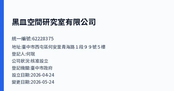 黑皿空間研究室有限公司的照片-統編 62228375(臺中市) 公司登記資料與營業項目詳細圖表