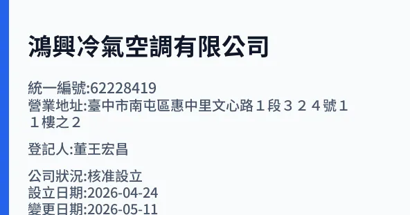 鴻興冷氣空調有限公司的照片-統編 62228419(臺中市) 公司登記資料與營業項目詳細圖表