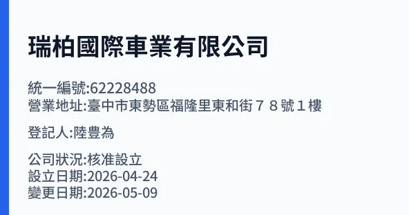 瑞柏國際車業有限公司的照片-統編 62228488(臺中市) 公司登記資料與營業項目詳細圖表