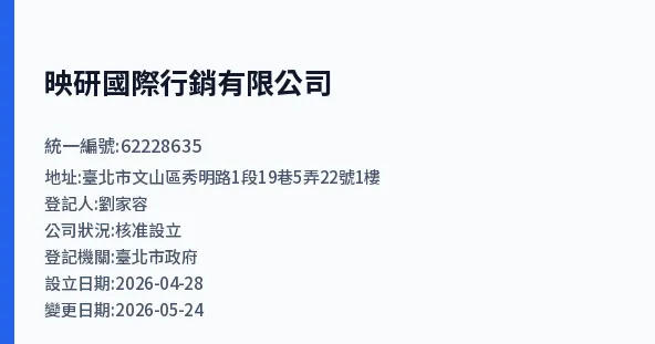 映研國際行銷有限公司的照片-統編 62228635(臺北市) 公司登記資料與營業項目詳細圖表