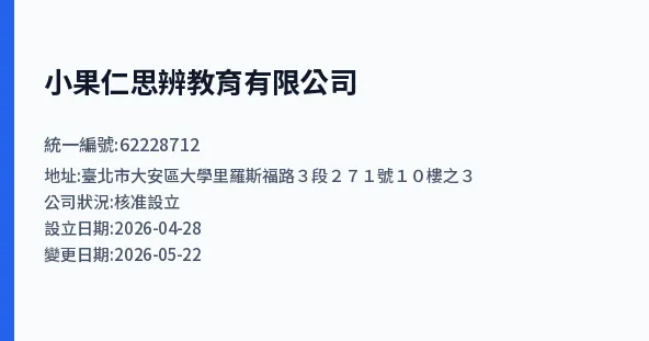 小果仁思辨教育有限公司的照片-統編 62228712(臺北市) 公司登記資料與營業項目詳細圖表