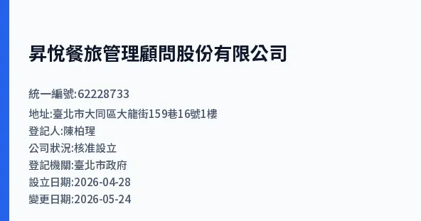 昇悅餐旅管理顧問股份有限公司的照片-統編 62228733(臺北市) 公司登記資料與營業項目詳細圖表