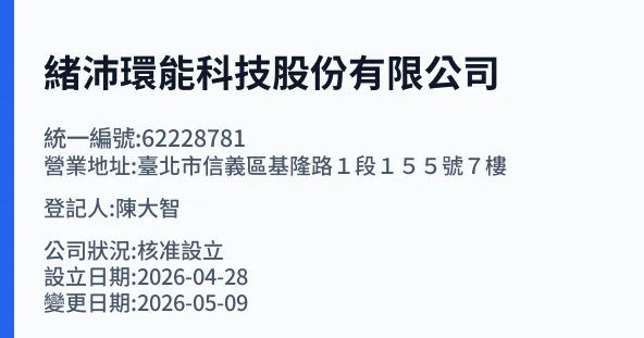 緒沛環能科技股份有限公司的照片-統編 62228781(臺北市) 公司登記資料與營業項目詳細圖表