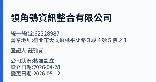 領角鴞資訊整合有限公司的照片-統編 62228987(臺北市) 公司登記資料與營業項目詳細圖表