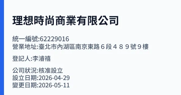 理想時尚商業有限公司的照片-統編 62229016(臺北市) 公司登記資料與營業項目詳細圖表