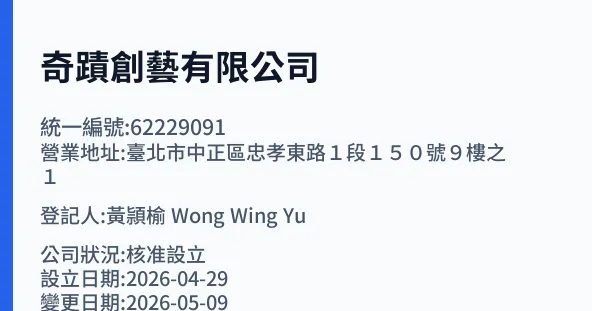 奇蹟創藝有限公司的照片-統編 62229091(臺北市) 公司登記資料與營業項目詳細圖表