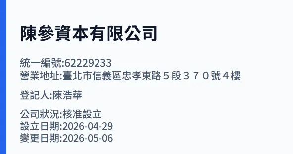 陳參資本有限公司的照片-統編 62229233(臺北市) 公司登記資料與營業項目詳細圖表