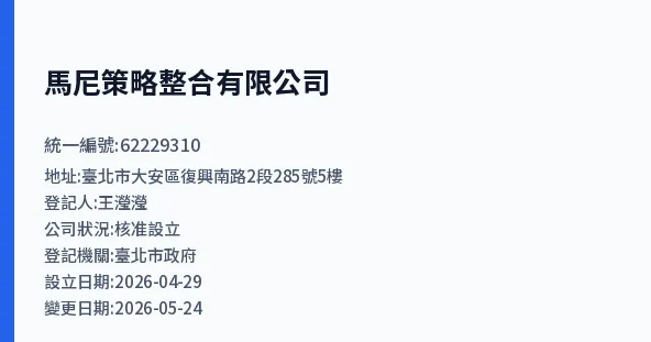 馬尼策略整合有限公司的照片-統編 62229310(臺北市) 公司登記資料與營業項目詳細圖表