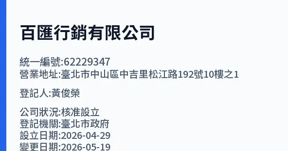 百匯行銷有限公司的照片-統編 62229347(臺北市) 公司登記資料與營業項目詳細圖表