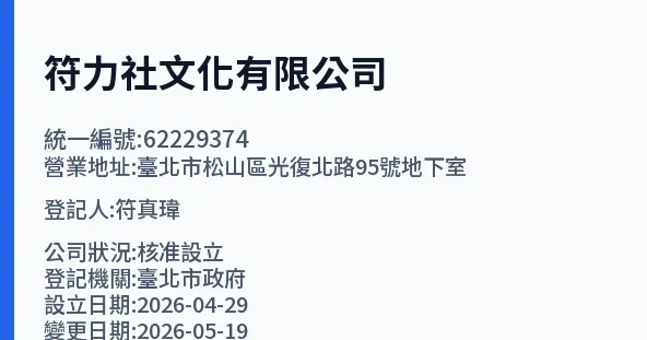 符力社文化有限公司的照片-統編 62229374(臺北市) 公司登記資料與營業項目詳細圖表