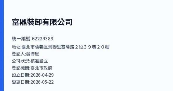 富鼎裝卸有限公司的照片-統編 62229389(臺北市) 公司登記資料與營業項目詳細圖表