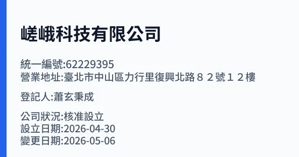 嵯峨科技有限公司的照片-統編 62229395(臺北市) 公司登記資料與營業項目詳細圖表