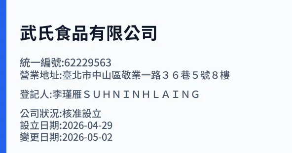 武氏食品有限公司的照片-統編 62229563(臺北市) 公司登記資料與營業項目詳細圖表