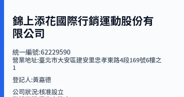 錦上添花國際行銷運動股份有限公司的照片-統編 62229590(臺北市) 公司登記資料與營業項目詳細圖表