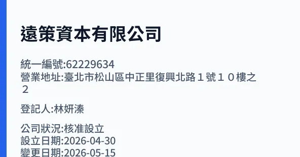 遠策資本有限公司的照片-統編 62229634(臺北市) 公司登記資料與營業項目詳細圖表