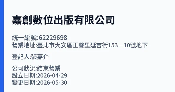 嘉創數位出版有限公司的照片-統編 62229698 公司登記資料與營業項目詳細圖表