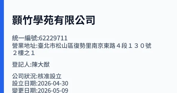 顥竹學苑有限公司的照片-統編 62229711(臺北市) 公司登記資料與營業項目詳細圖表