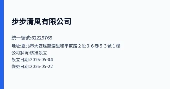 步步清風有限公司的照片-統編 62229769(臺北市) 公司登記資料與營業項目詳細圖表