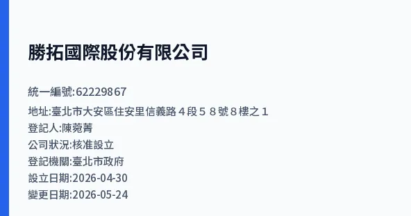 勝拓國際股份有限公司的照片-統編 62229867(臺北市) 公司登記資料與營業項目詳細圖表