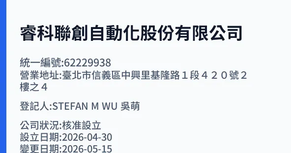 睿科聯創自動化股份有限公司的照片-統編 62229938(臺北市) 公司登記資料與營業項目詳細圖表