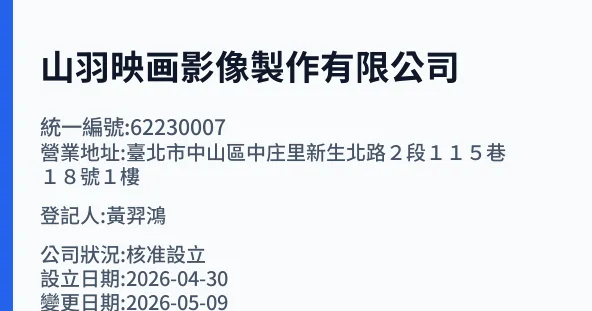 山羽映画影像製作有限公司的照片-統編 62230007(臺北市) 公司登記資料與營業項目詳細圖表