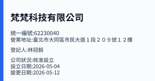梵梵科技有限公司的照片-統編 62230040(臺北市) 公司登記資料與營業項目詳細圖表