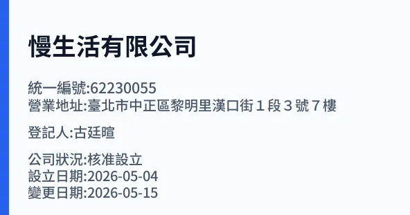 慢生活有限公司的照片-統編 62230055(臺北市) 公司登記資料與營業項目詳細圖表