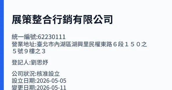 展策整合行銷有限公司的照片-統編 62230111(臺北市) 公司登記資料與營業項目詳細圖表