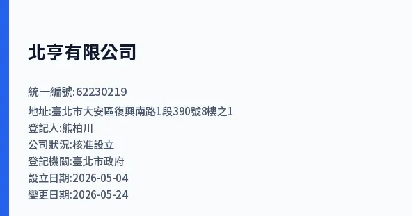 北亨有限公司的照片-統編 62230219(臺北市) 公司登記資料與營業項目詳細圖表
