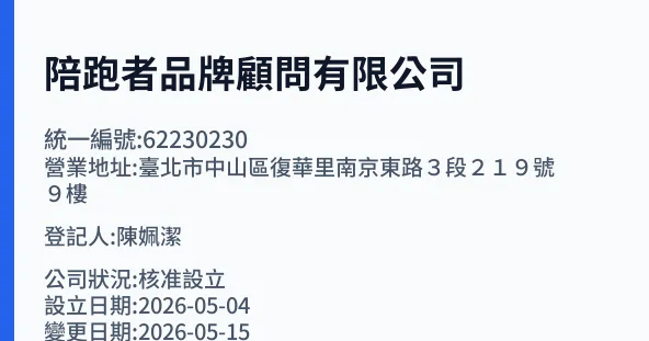 陪跑者品牌顧問有限公司的照片-統編 62230230(臺北市) 公司登記資料與營業項目詳細圖表