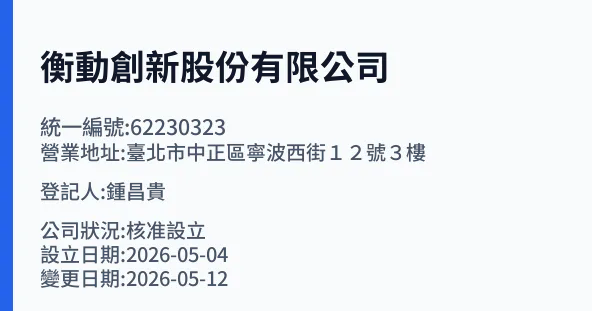 衡動創新股份有限公司的照片-統編 62230323(臺北市) 公司登記資料與營業項目詳細圖表