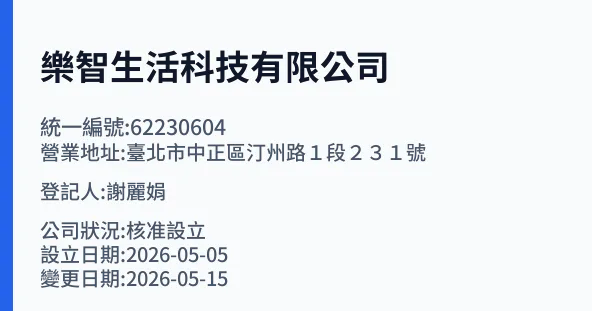 樂智生活科技有限公司的照片-統編 62230604(臺北市) 公司登記資料與營業項目詳細圖表