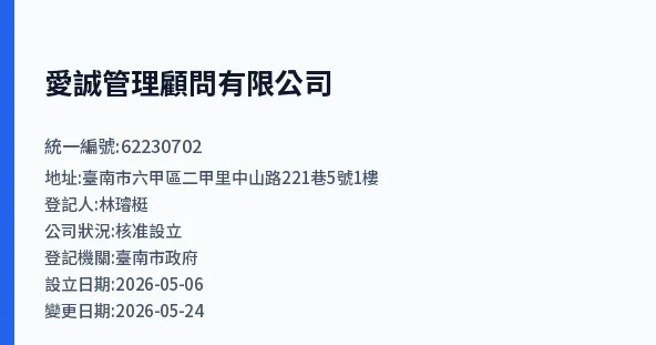 愛誠管理顧問有限公司的照片-統編 62230702(臺南市) 公司登記資料與營業項目詳細圖表