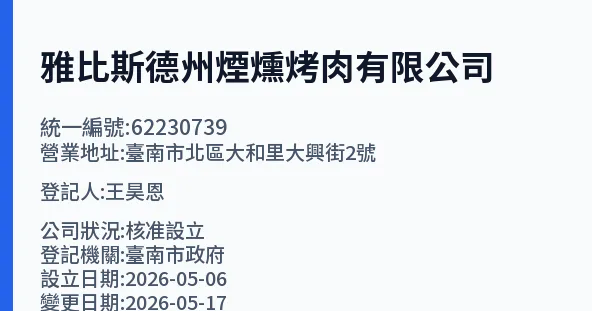 雅比斯德州煙燻烤肉有限公司的照片-統編 62230739(臺南市) 公司登記資料與營業項目詳細圖表
